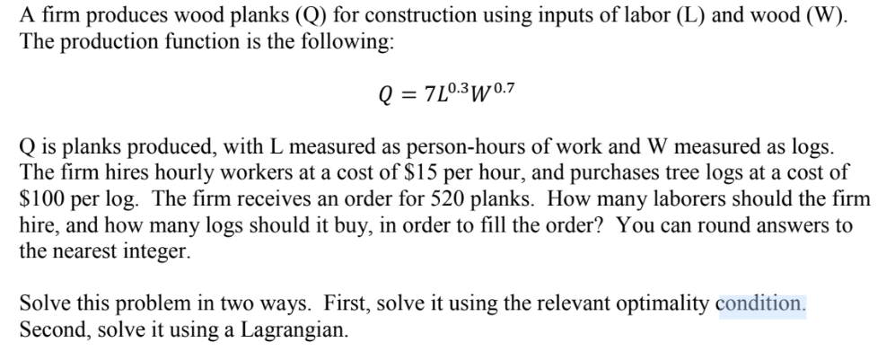 Solved A firm produces wood planks (Q) for construction | Chegg.com
