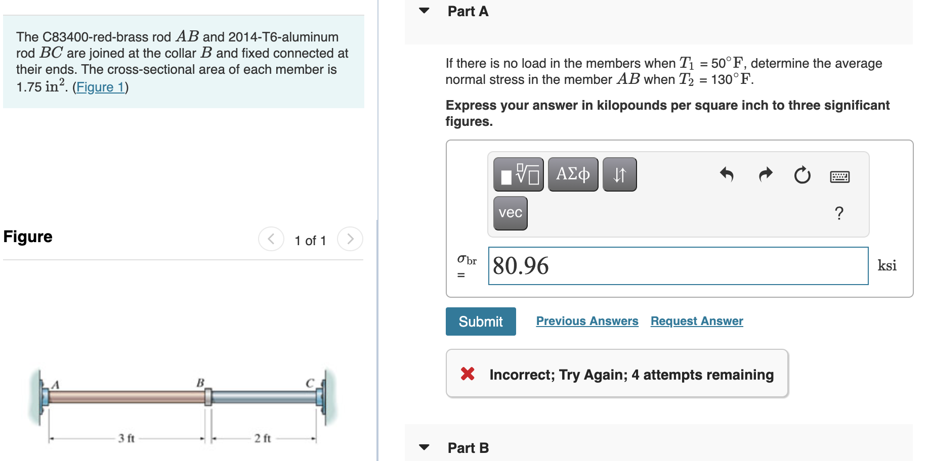 Solved The C83400-red-brass rod AB and 2014-T6-aluminum rod | Chegg.com
