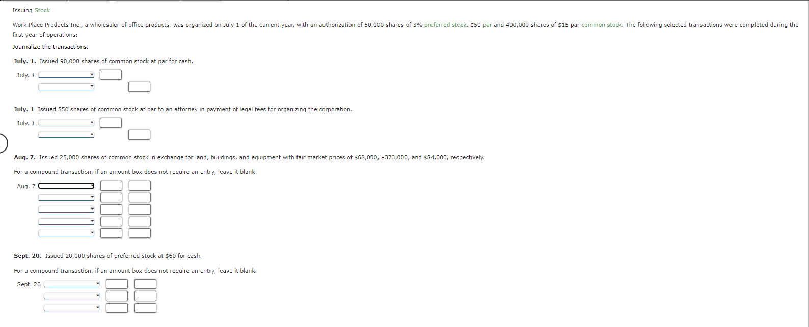 Solved Sept. 20. Issued 20,000 shares of preferred stock at | Chegg.com