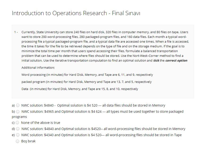 Solved Introduction to Operations Research - Final Sınavı 1. | Chegg.com