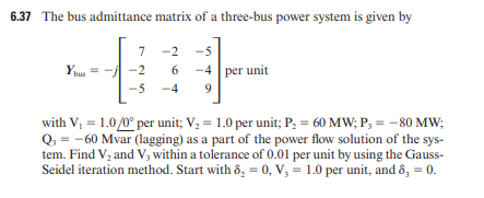 Solved The bus admittance matrix of a three-bus power system | Chegg.com