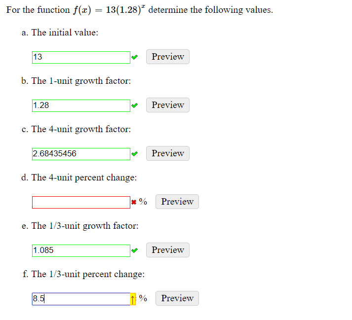 Solved For the function f(x) = 13(1.28)* determine the | Chegg.com