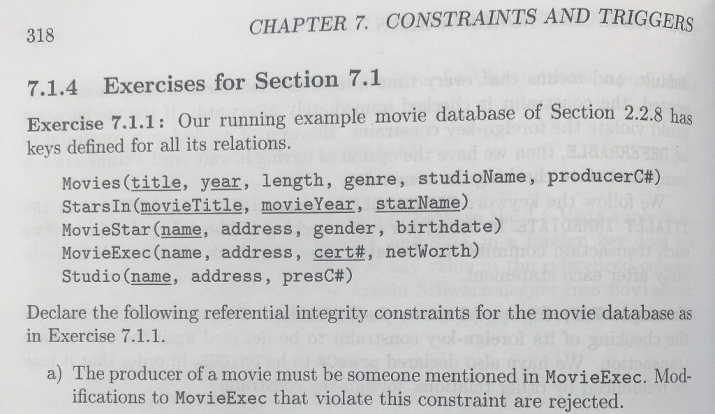 Solved 318 CHAPTER 7. CONSTRAINTS AND TRIGG 7.1.4 Exercises | Chegg.com