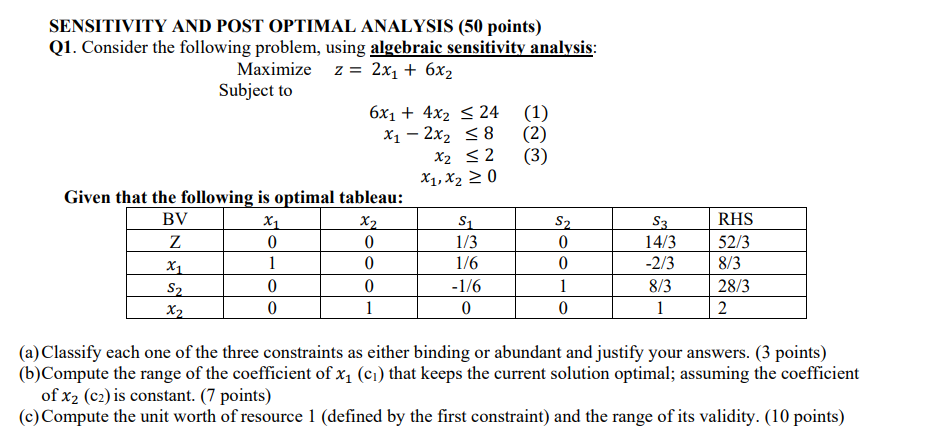 Solved by an EXPERT SENSITIVITY AND POST OPTIMAL ANALYSIS ( 50 | Chegg.com