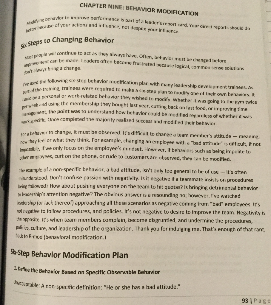CHAPTER NINE: BEHAVIOR MODIFICATION o improve | Chegg.com