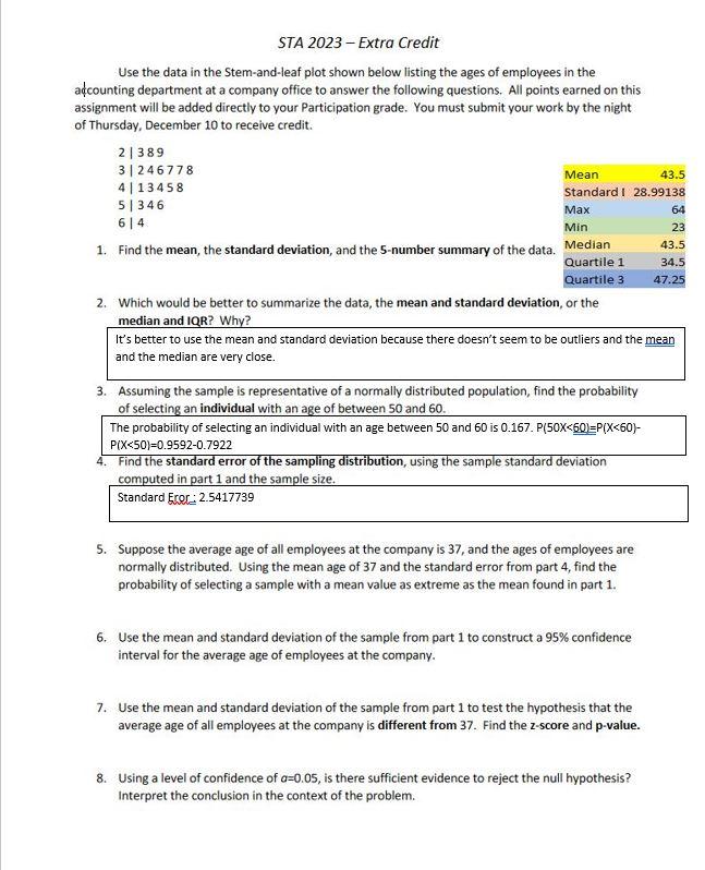 Solved 43.5 STA 2023 - Extra Credit Use the data in the | Chegg.com