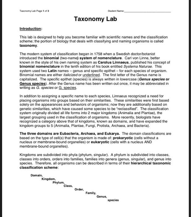 Solved Taxonomy Lab Page 1 of 3 Student Taxonomy Lab | Chegg.com