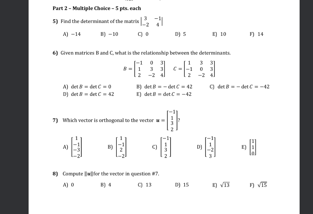 Solved Part 2 - Multiple Choice - 5 pts. each 5) Find the | Chegg.com
