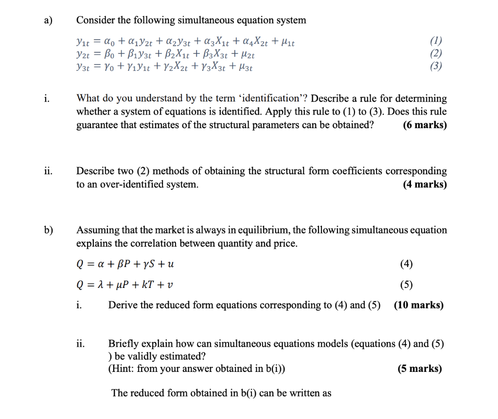 a) Consider the following simultaneous equation | Chegg.com