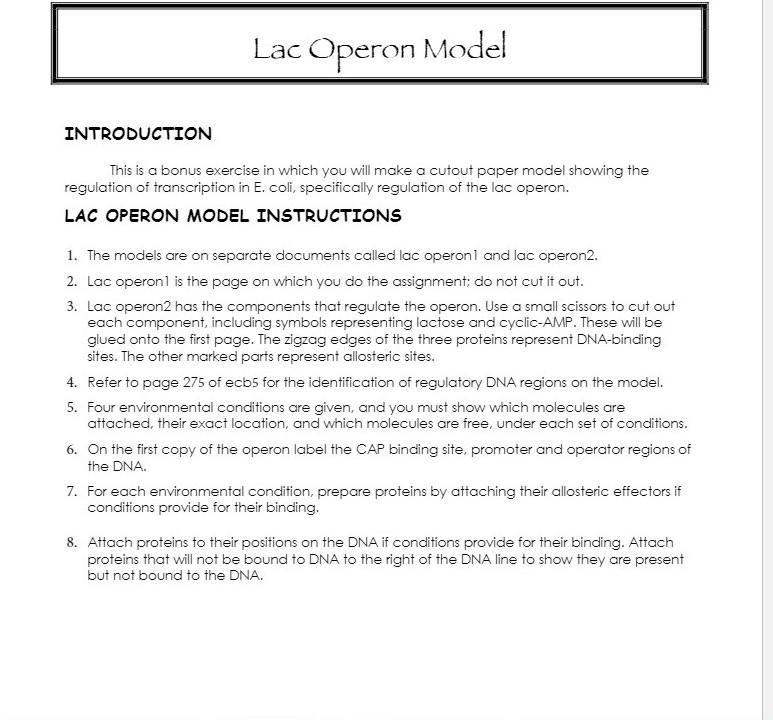 Solved Lac Operon Model INTRODUCTION This is a bonus | Chegg.com