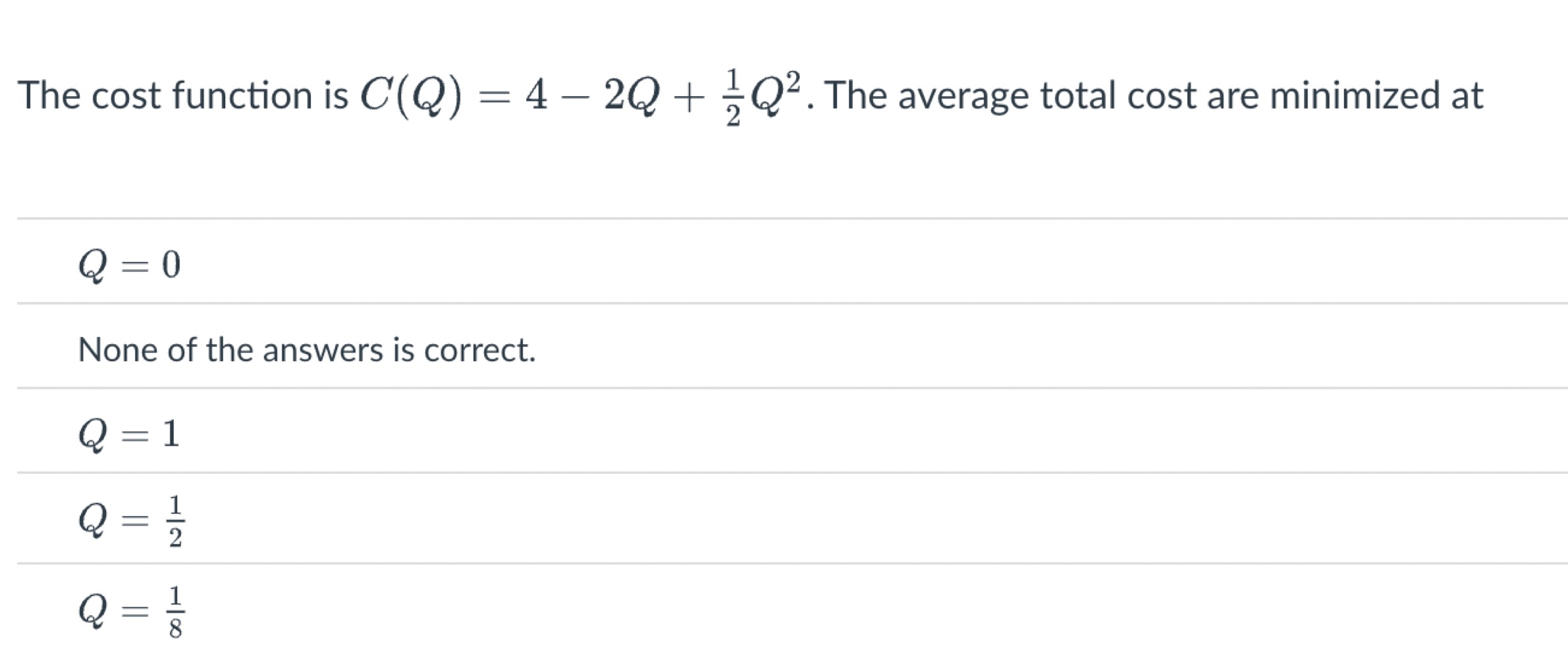 Solved The cost function is C(Q)=4-2Q+12Q2. ﻿The average | Chegg.com