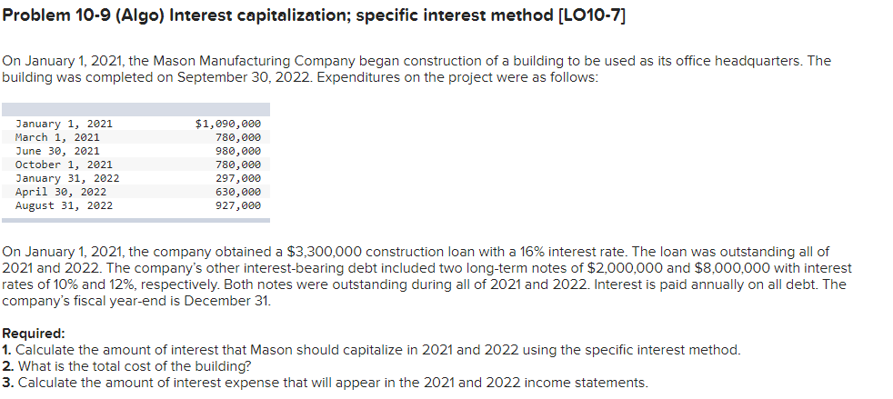 Solved Problem 10-9 (Algo) Interest capitalization; specific | Chegg.com