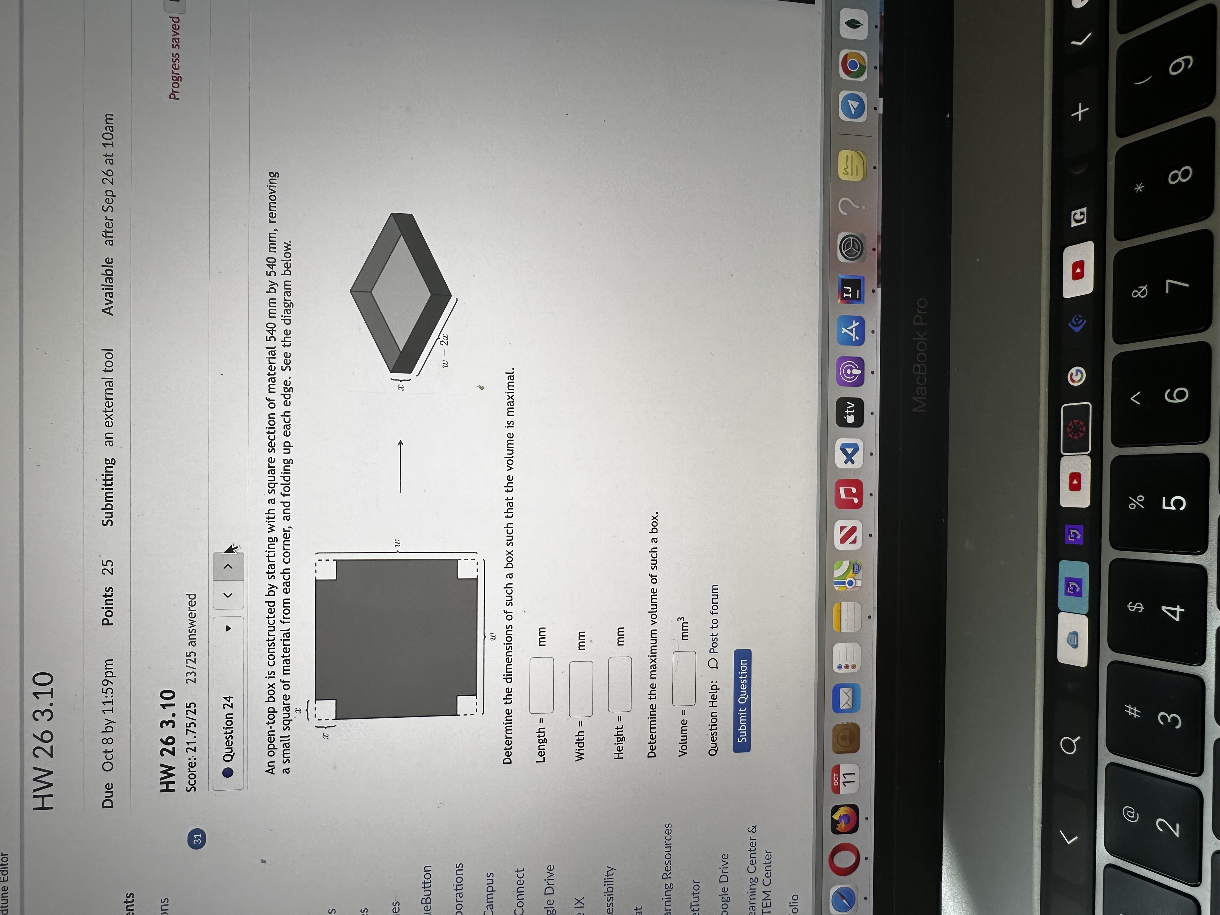 Solved An open-top box is constructed by starting with a | Chegg.com
