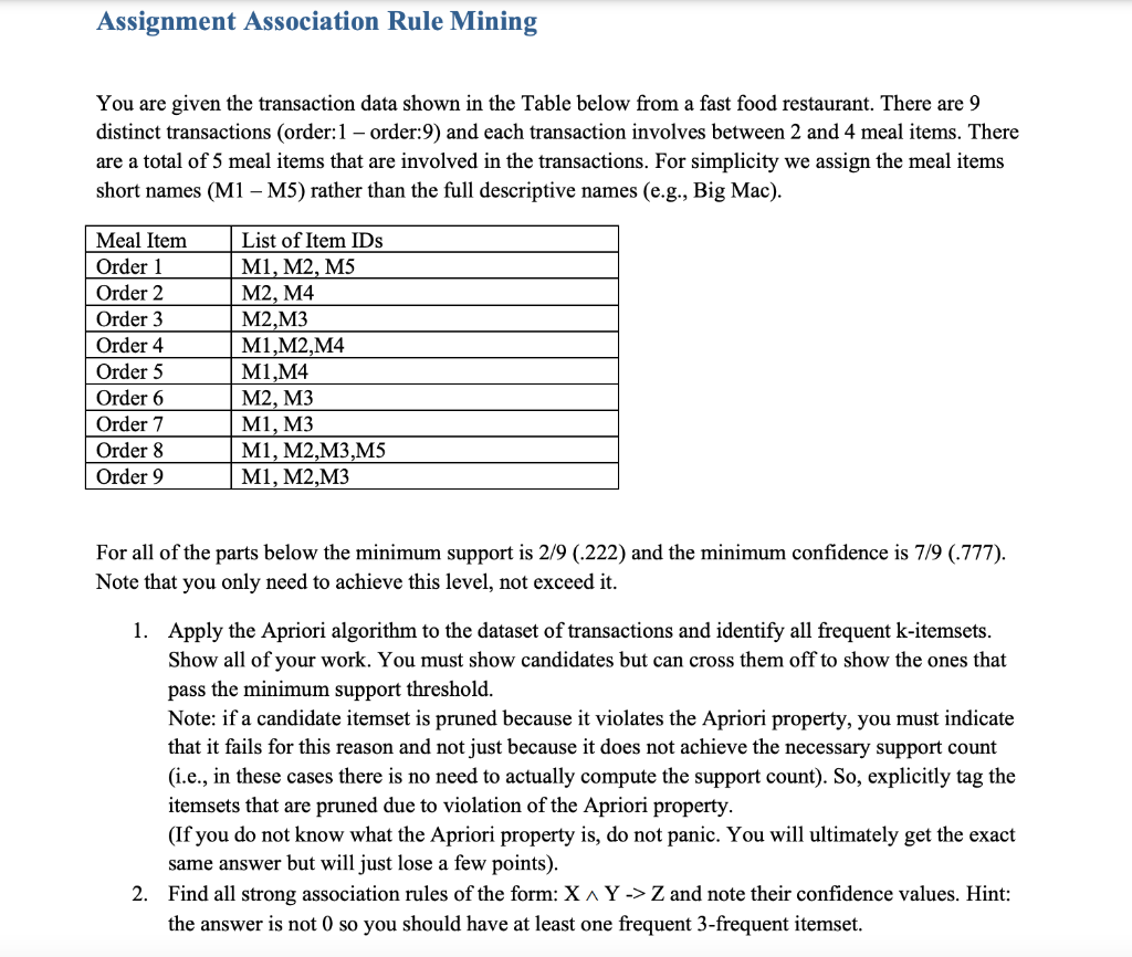 Solved Assignment Association Rule Mining You are given the | Chegg.com