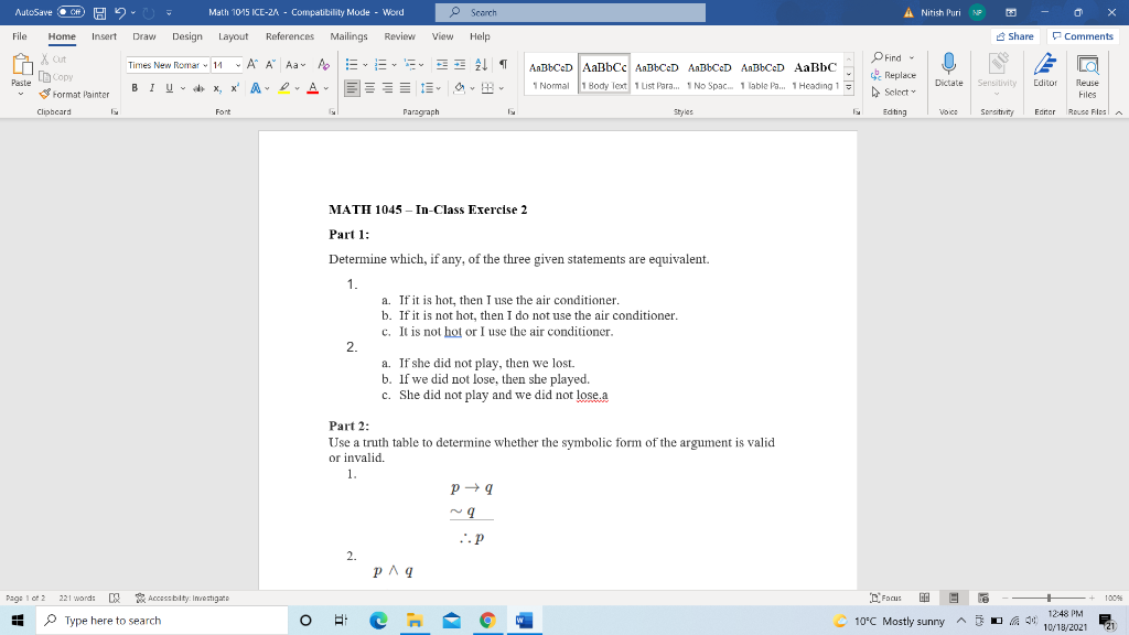 Solved AutoSave 2 CH Math 10-15 ICE-2A - Compatibility Mode | Chegg.com