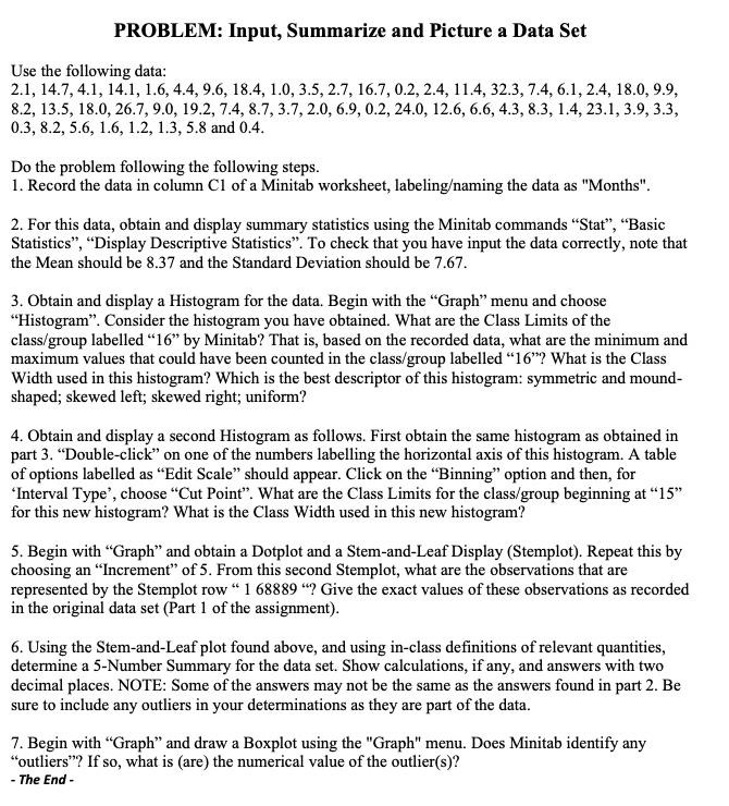 Solved PROBLEM: Input, Summarize and Picture a Data Set Use | Chegg.com