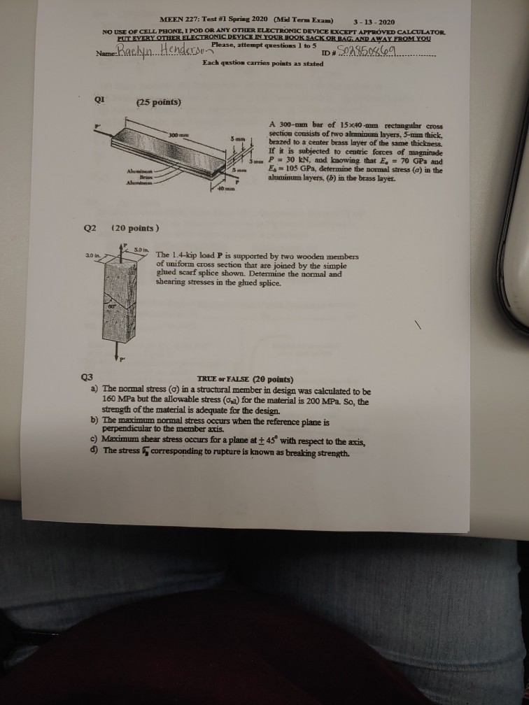 Solved MEEN 227: Test 1 Spring 2020 (Mid Term Exam) 3 - 13 - | Chegg.com