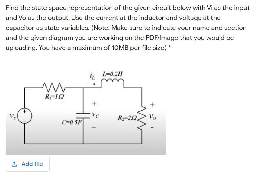 Solved Find the state space representation of the given | Chegg.com