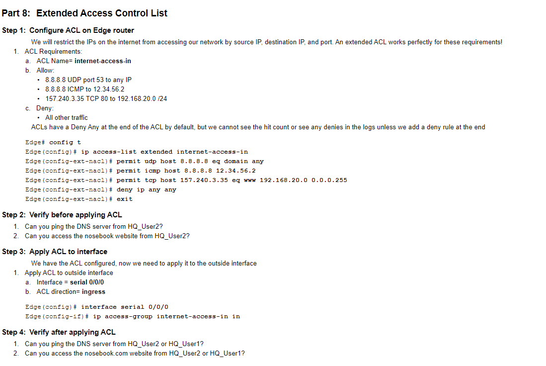 Solved Part 7: Standard Access Control List Step 1: | Chegg.com