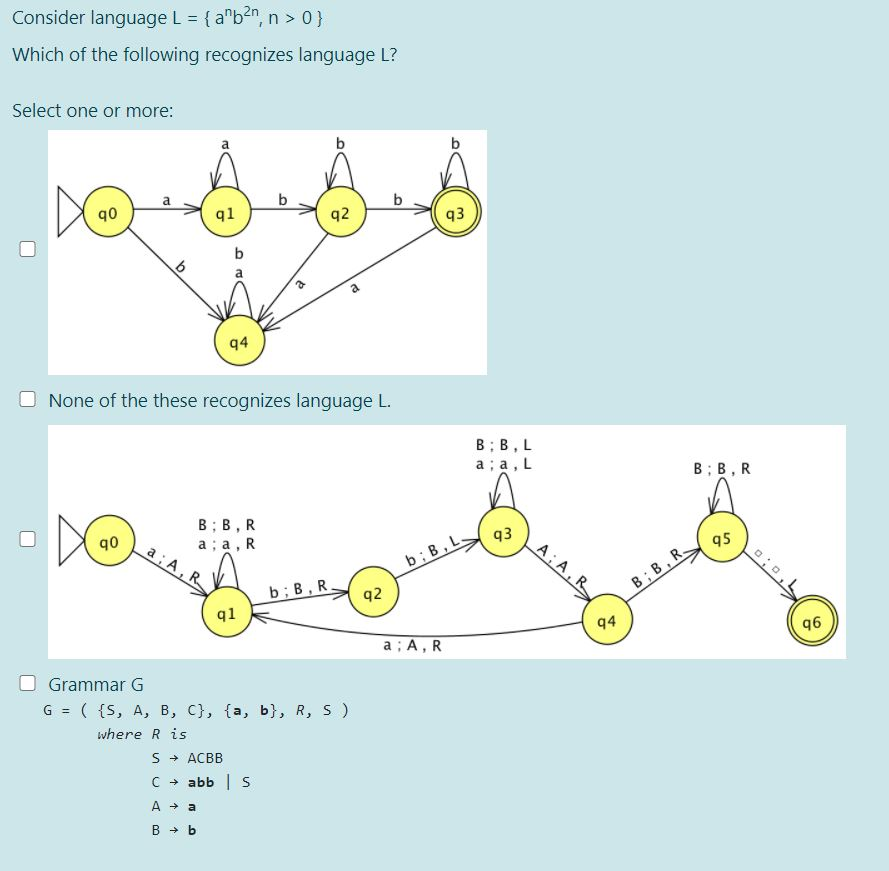 Solved Consider language L = {a"b2n, n >0} Which of the | Chegg.com