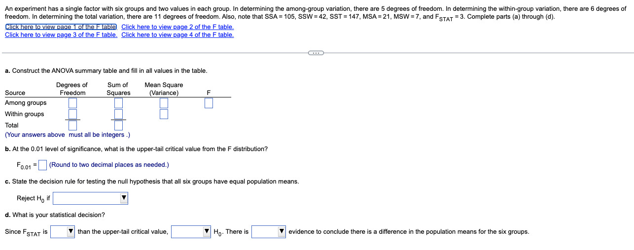 Solved a. Construct the ANOVA summary table and fill in all | Chegg.com
