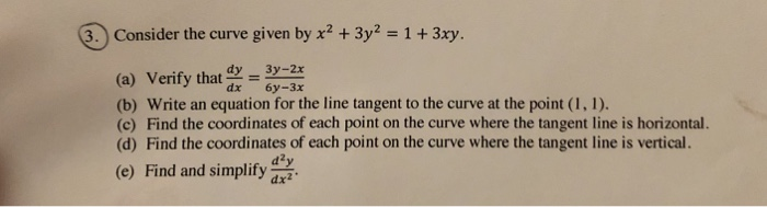 Solved Consider the curve given by x2 +3y - 1 + 3xy (a) | Chegg.com