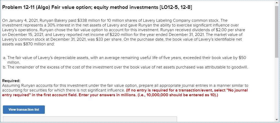 Solved Problem 12-11 (Algo) Fair value option; equity method | Chegg.com