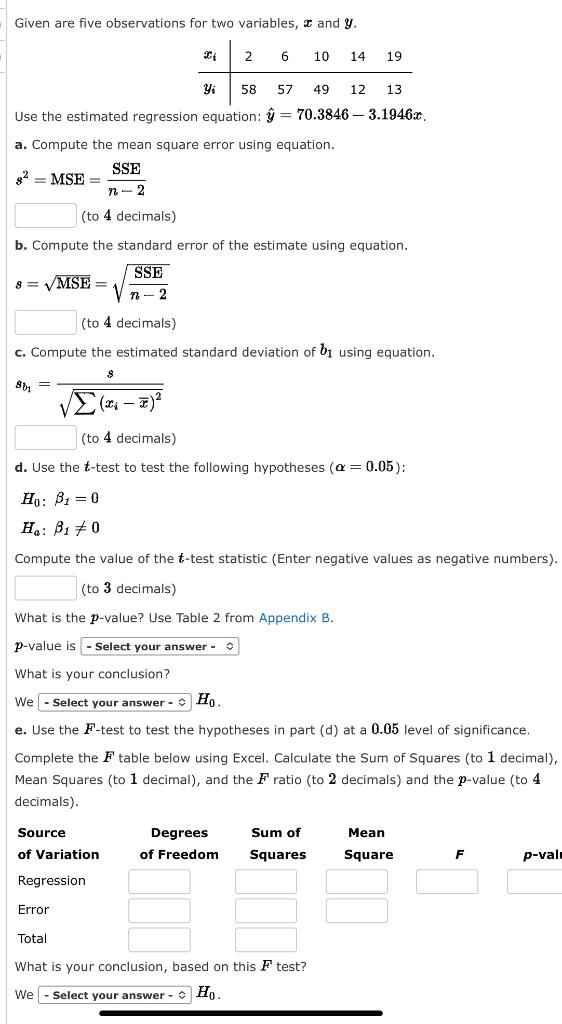 Solved Given are five observations for two variables, x and | Chegg.com