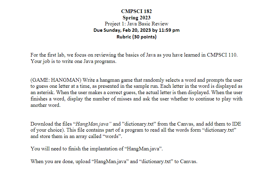 Solved CMPSCI 182 Spring 2023 Project 1: Java Basic Review | Chegg.com