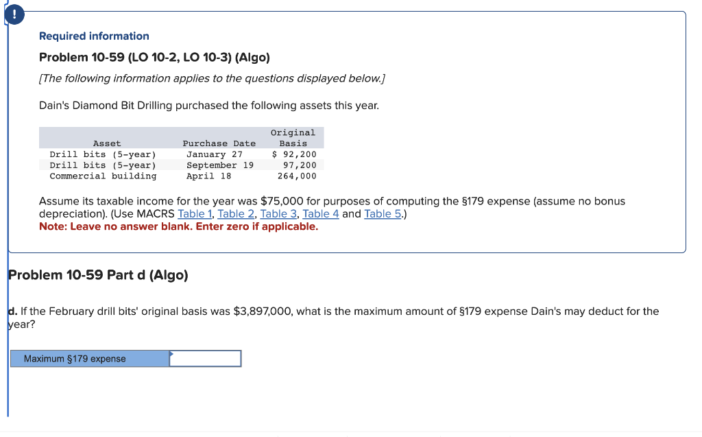 Solved Problem 10-59 (LO 10-2, LO 10-3) (Algo) [The | Chegg.com