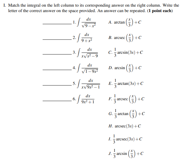 Solved I. Match the integral on the left column to its | Chegg.com