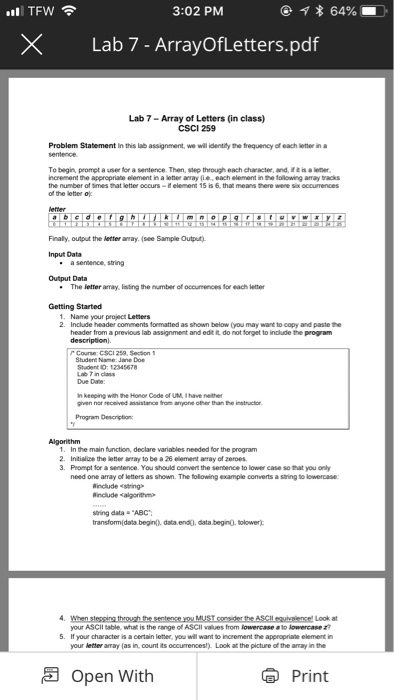 Solved TFVV令 3:02 PM × Lab 7-ArrayOfLetters.pdf Lab 7- Array | Chegg.com