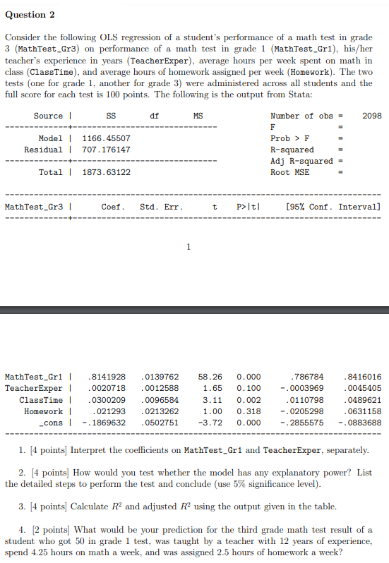 Solved Consider the following OLS regression of a student's | Chegg.com
