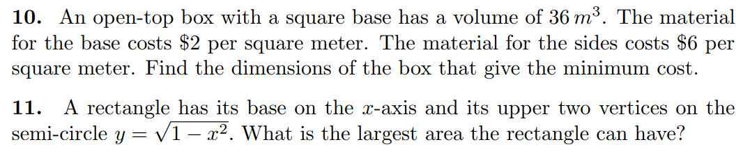 Solved 10. An open-top box with a square base has a volume | Chegg.com