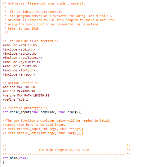CSC 60. Spring 2020. Lab 9. Write your own UNIX | Chegg.com