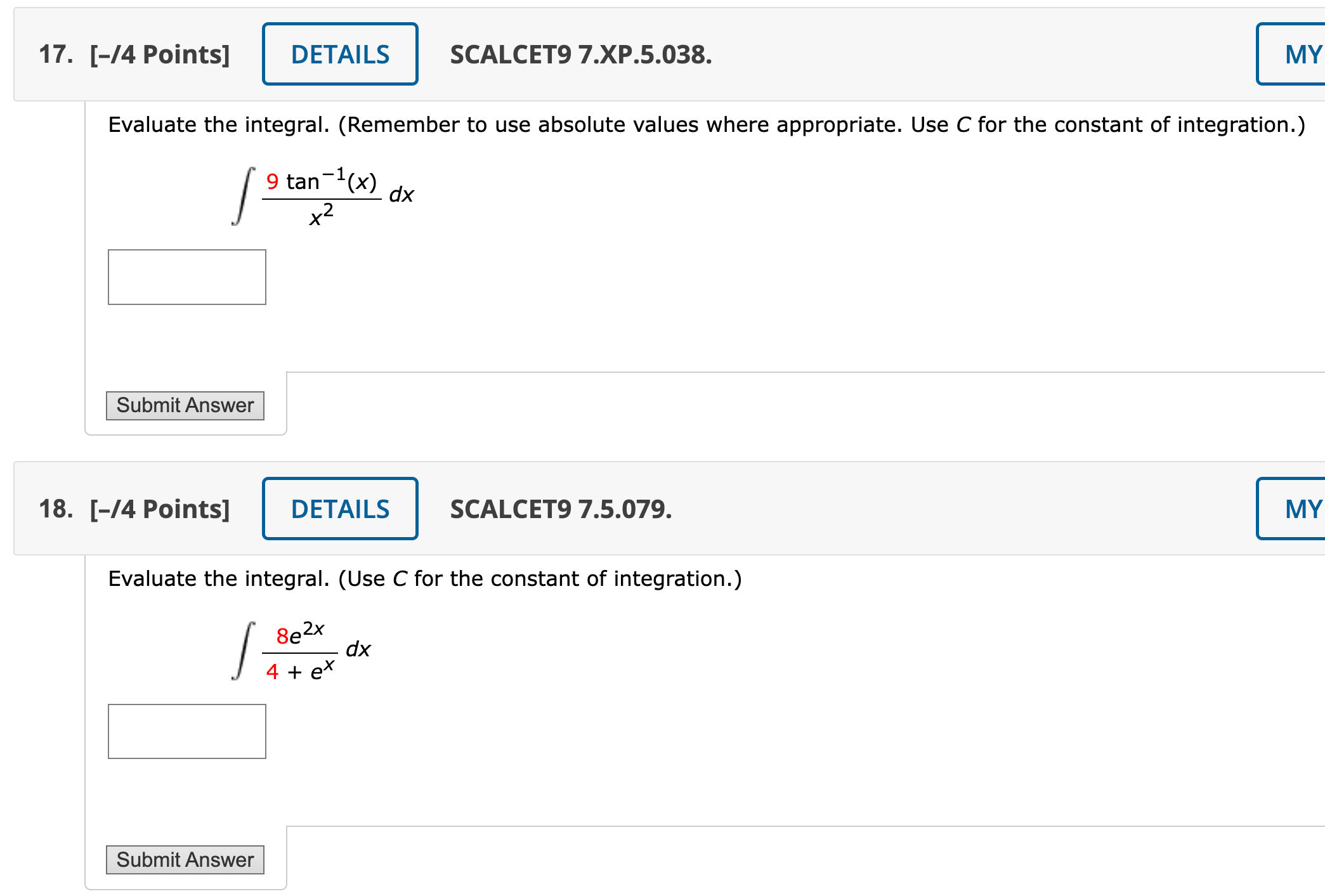 Solved [-/4 Points] SCALCET9 7.XP.5.038. Evaluate the | Chegg.com