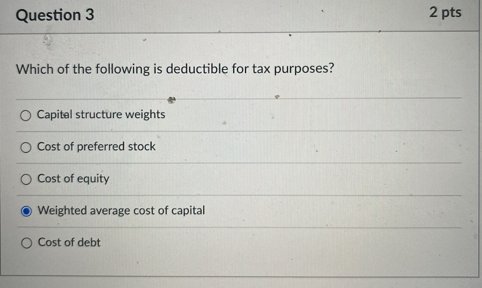 Solved Question 3 2 pts Which of the following is deductible | Chegg.com