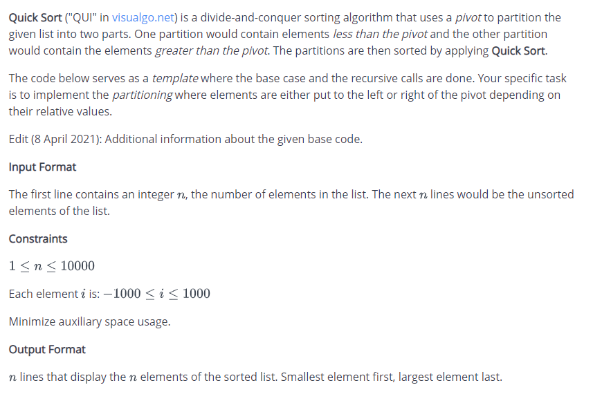 Solved Quick Sort ("QUI" in visualgo.net) is a | Chegg.com