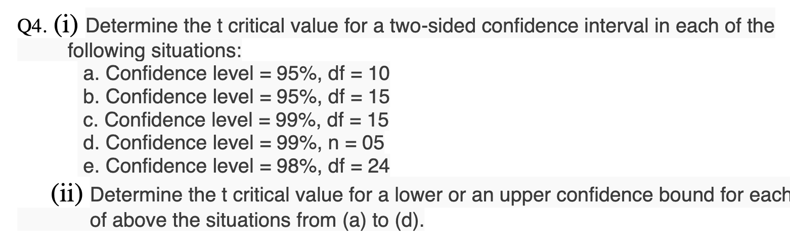 Solved Q4. (i) Determine the t critical value for a | Chegg.com