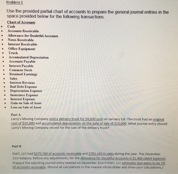 Solved Problem 1 Use the provided partial chart of accounts | Chegg.com