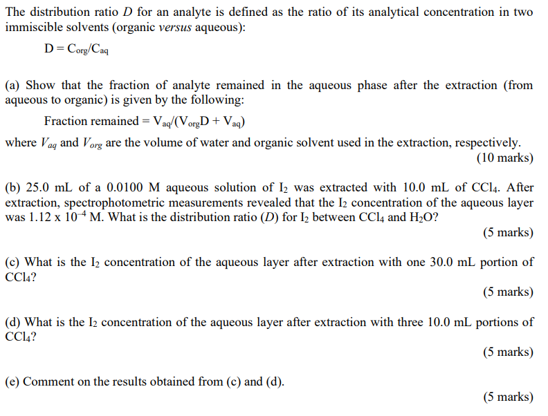 Solved The distribution ratio D for an analyte is defined | Chegg.com
