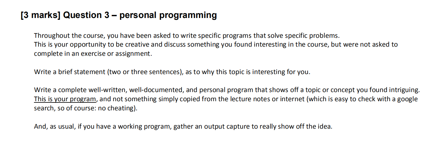 Solved [3 marks] Question 3 - personal programming | Chegg.com