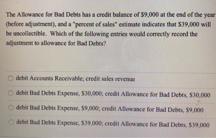 Solved The Allowance for Bad Debts has a credit balance of | Chegg.com