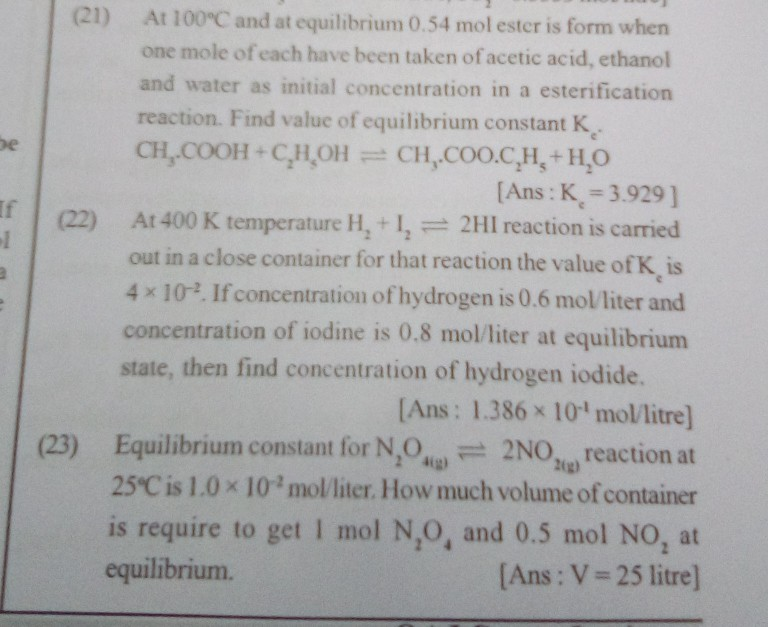 Solved (21) At 100°C and at equilibrium 0.54 mol ester is | Chegg.com