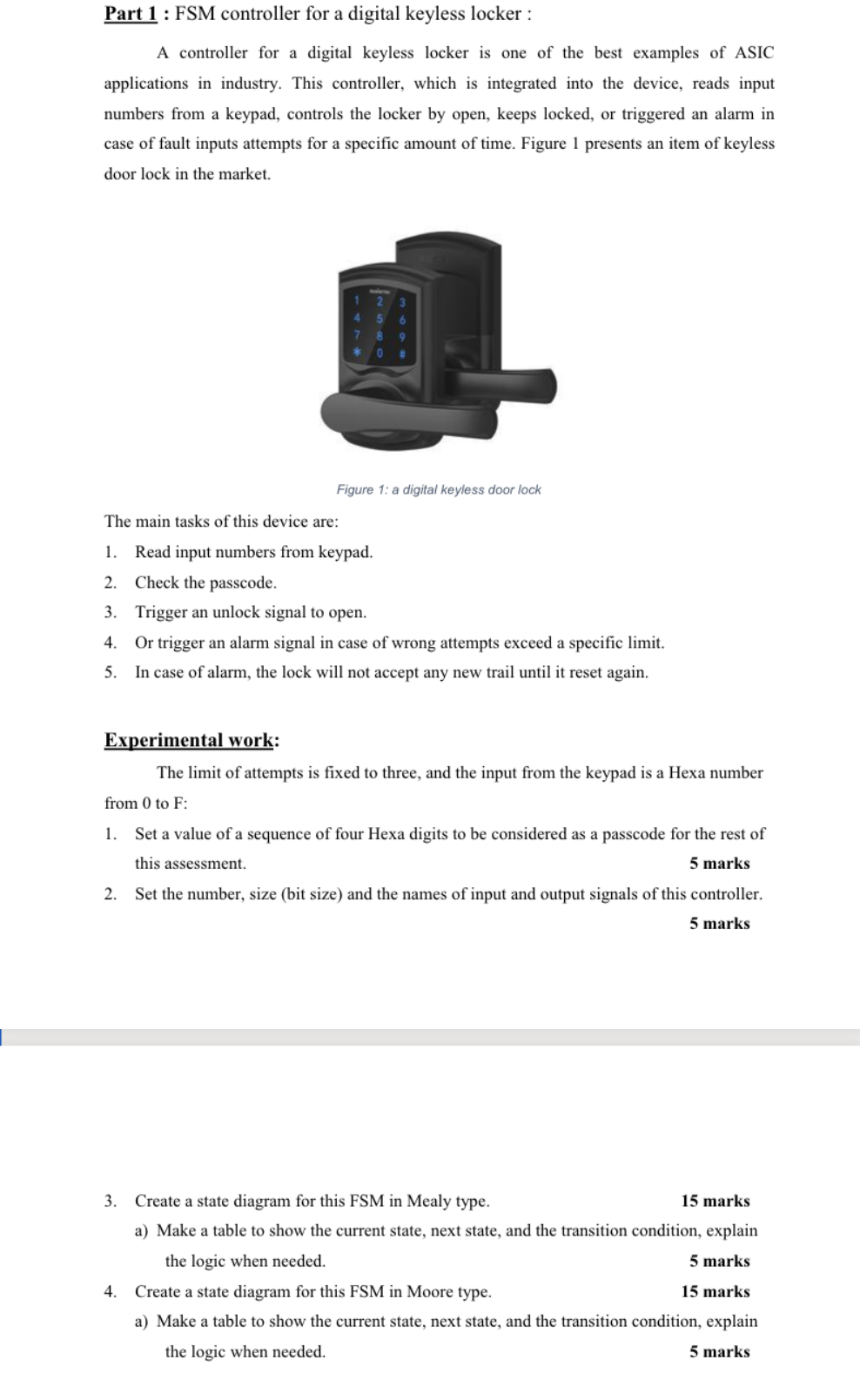 Part 1: FSM controller for a digital keyless locker: | Chegg.com