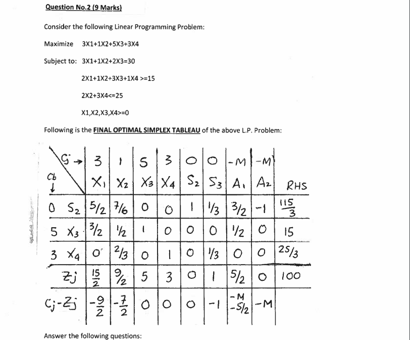 Solved Question No.2 (9 Marks) Consider the following Linear | Chegg.com