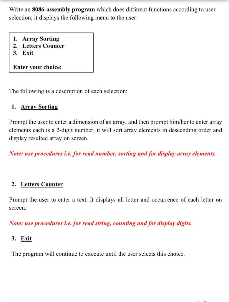 Solved Write an 8086-assembly program which does different | Chegg.com