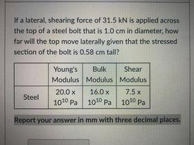 Solved If a lateral, shearing force of 31.5 kN is applied | Chegg.com