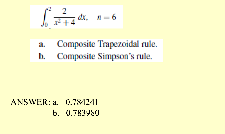 Solved [² 2 x² + 4 dx, n=6 a. Composite Trapezoidal rule. b. | Chegg.com