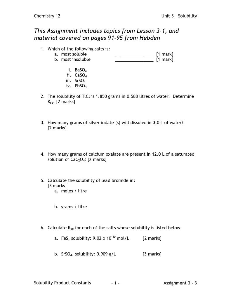 Solved Chemistry 12 Unit 3 - Solubility This Assignment | Chegg.com